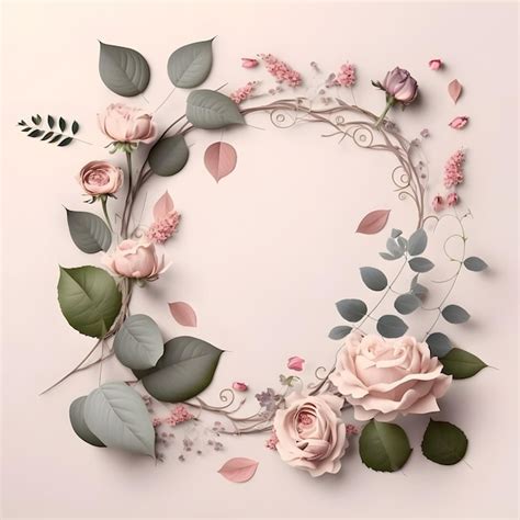 장미 꽃 핑크 색상의 낭만적인 플랫레이 장미 꽃의 사각형 프레임 텍스트 밝은 배경의 중앙 위치에 종이의 흰색 빈 시트 프리미엄 사진