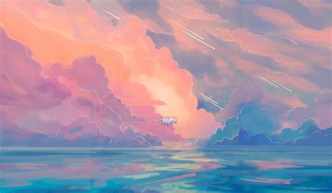 Naomi Vandoren Appa And Aang Floating Through A Dreamy Cloudscape