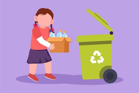 재활용을 위해 쓰레기와 플라스틱 쓰레기를 모으는 예쁜 소녀의 캐릭터 플랫 드로잉 플라스틱 병을 쓰레기로 줍는 활동적인 아이들 환경 교육 만화 디자인 벡터 그림 프리미엄 벡터