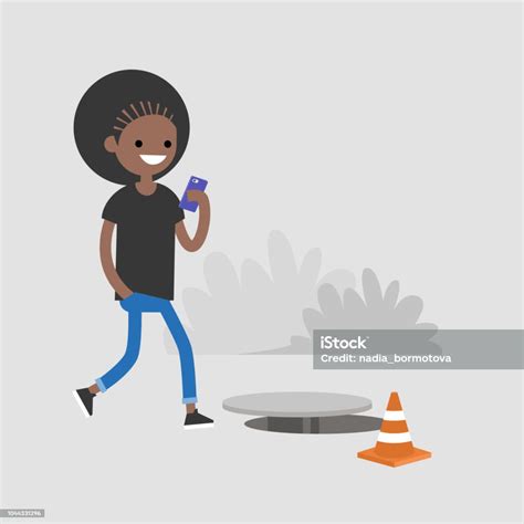 千年黑人女性角色沉迷于智慧手機nomophobia打開疏導艙口平面可編輯向量插圖 剪貼畫向量圖形及更多上癮圖片 上癮 下水溝 人