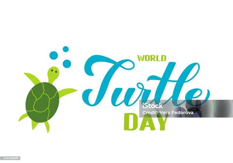 흰색 배경에 고립 된 귀여운 거북이와 세계 거북이 날 서예 손 문자 엽서 배너 타이포그래피 포스터 스티커 전단지 티셔츠 등을 위한 벡터 템플릿을 쉽게 편집할 수 있습니다 T