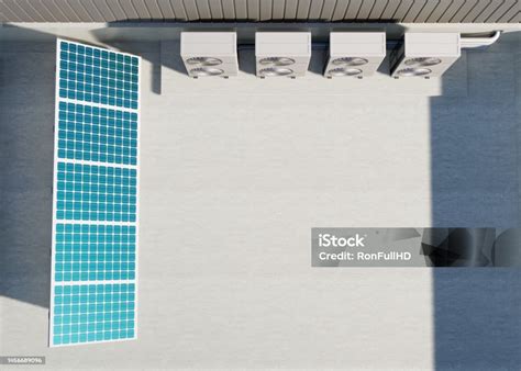 옥상에 태양 전지판 응축기 장치 또는 압축기에 있는 광전지의 3d 렌더링 미래를 위한 시스템 기술로 에코 빌딩 전력 또는 직류 전기를 생성합니다 3차원 형태에 대한 스톡