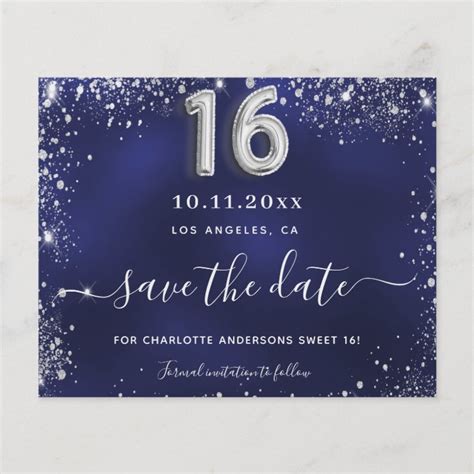 Sweet 16 Navy Blue Silver Glitter Save Date Budget Flyer Zazzle