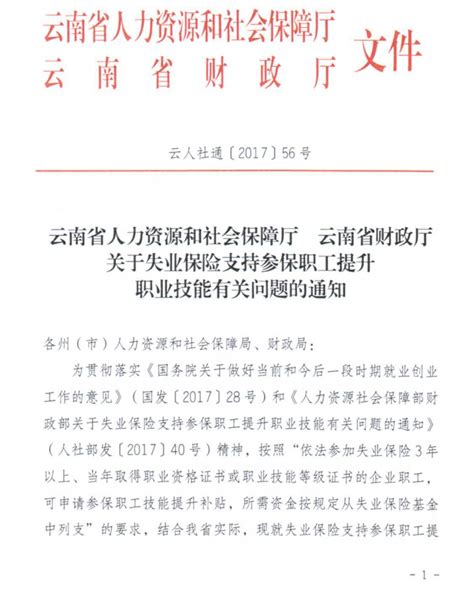 云南省人力资源和社会保障厅云南省财政厅关于失业保险支持参保职工提升职业技能有关问题的通知中国会计网
