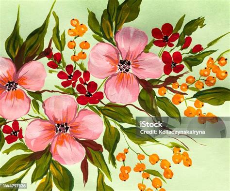 녹색 배경에 화려한 꽃을 추상화합니다 페인트 인상주의 스타일 꽃 그림 아크릴 구 아슈로 그림 디자인 또는 인쇄를 위한 꽃 배경의