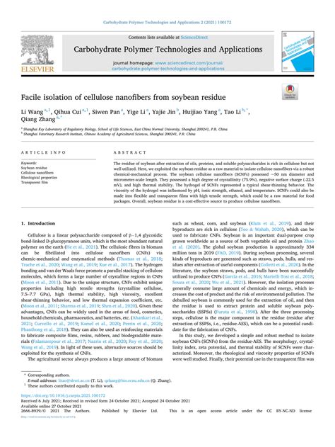 Pdf Facile Isolation Of Cellulose Nanofibers From Soybean Residue