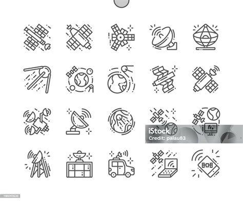 위성 잘 만들어진 픽셀 완벽 한 벡터 얇은 라인 아이콘 30 웹 그래픽 및 애플 리 케이 션에 대 한 그리드 2 X 간단한 최소한의 그림 0명에 대한 스톡 벡터 아트 및