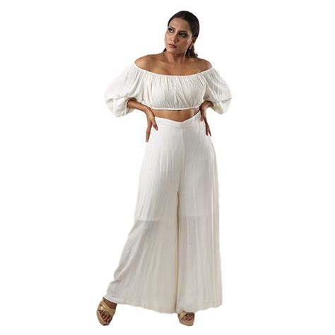 Off Shoulder Long Sleeve Crop Top And Wide Leg Plaza Pant Nayan By
