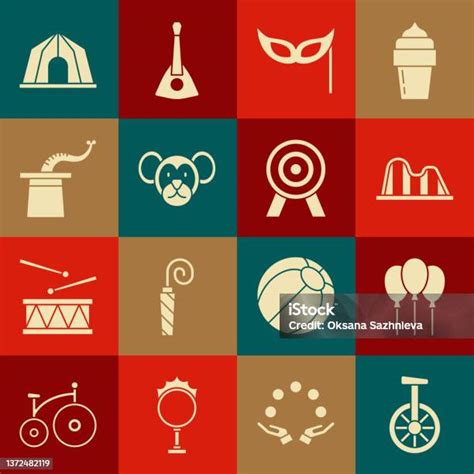 외발 자전거 또는 하나의 바퀴 자전거 리본풍선 롤러 코스터 축제 마스크 원숭이 마술사 모자 서커스 텐트 및 대상 아이콘을 설정합니다 벡터 1에 대한 스톡 벡터 아트 및 기타