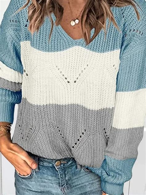 Color Block V Neck Long Sleeve Casual Loose Sweater Curvedream