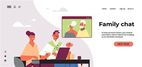 화상 통화 가족 채팅 온라인 커뮤니케이션 개념 초상화 수평 복사 공간 벡터 일러스트레이션 동안 조부모와 가상 회의를 갖는 젊은