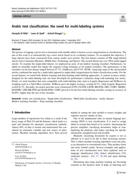 Arabic Text Classification The Need For Multi Labeling Systems Pdf