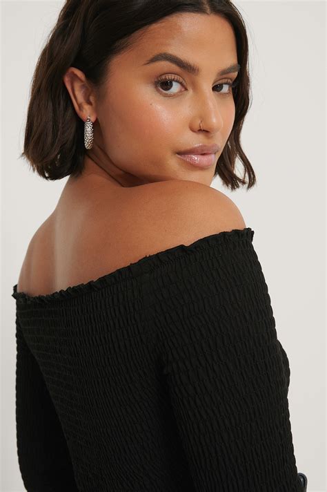 Off Shoulder Long Sleeve Smock Top Black Na
