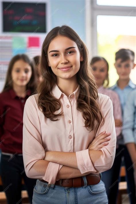 Premium Photo Photo Of Portrait Of Smiling School Teacher Stanging In