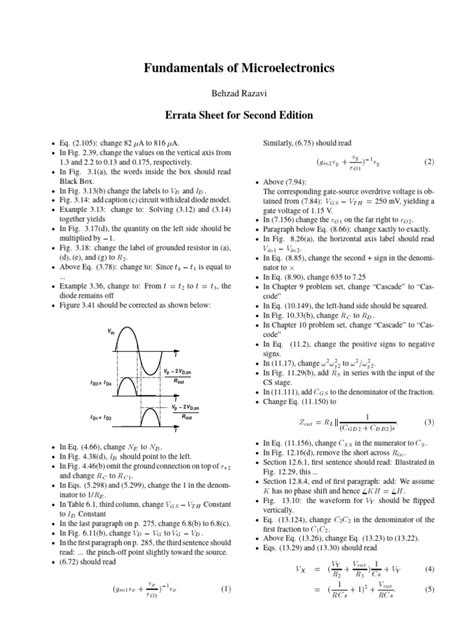 Fundamentals Of Microelectronics Errata Sheet For Second Edition