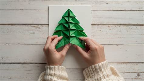 Woman Assembling Green Origami Christmas Tree For Diy Festive Season S