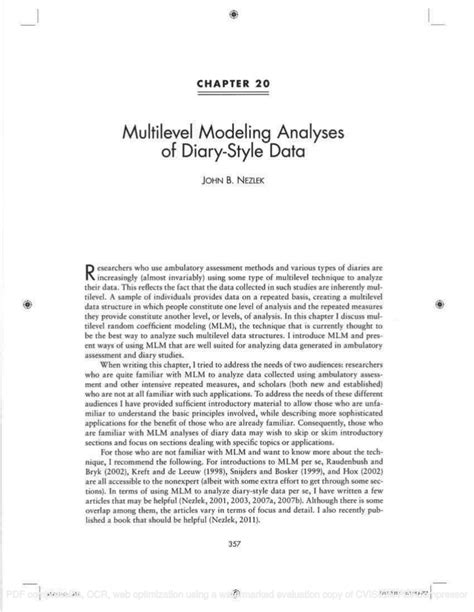 PDF Multilevel Modeling Analyses Of Diary Style Data