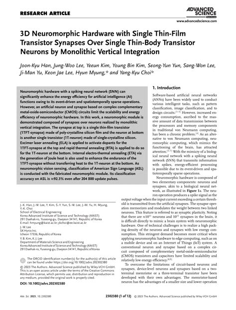 Pdf 3d Neuromorphic Hardware With Single Thin‐film Transistor Synapses Over Single Thin‐body