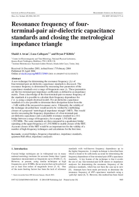 Pdf Resonance Frequency Of Four Terminal Pair Air Dielectric Capacitance Standards And Closing