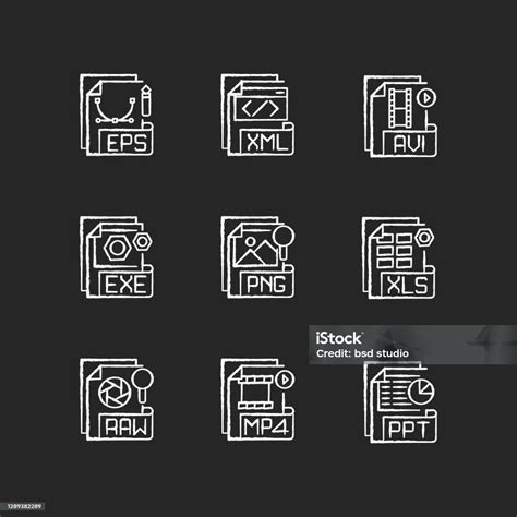 Format File Ikon Putih Kapur Diatur Pada Latar Belakang Hitam Ilustrasi