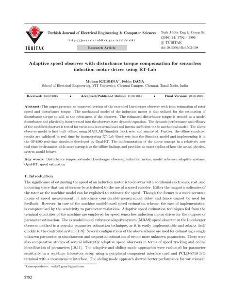 PDF Adaptive Speed Observer With Disturbance Torque Compensation For Sensorless Induction