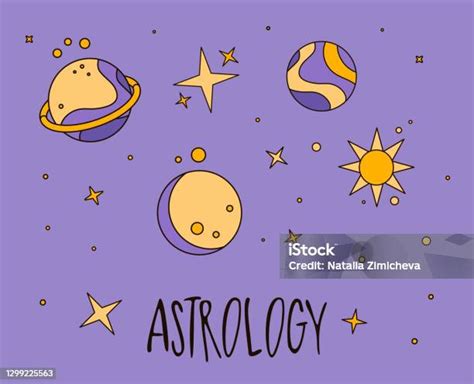 플랫 스타일 태양계 일러스트 천문관 포스터와 천문학 연구 점성술 예측 별자리 행성 별 조디악 표지판 점성술사 점성술사 점성술사 마녀 검은 손톱 마법 신비주의 예측과 여성의