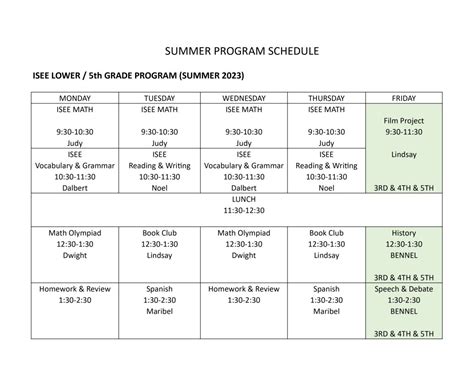 Summer Program Schedule Ivy Inspiration