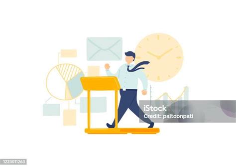 工作時間員工管理 微型員工小人運行時鐘 商業隱喻概念海報或社會橫幅設計 向量插圖隔離在白色背景向量圖形及更多效率圖片 效率 跑步機 人