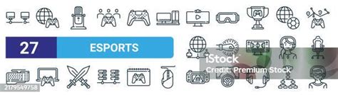 네트워크 게임 마이크 Vr 안경 히트 노트북 소형 웹 디자인 모바일 앱을위한 게이머 벡터 얇은 선 아이콘과 같은 27 개의 개요 웹 E스포츠 아이콘 세트 0명에 대한 스톡