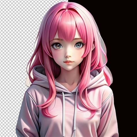 透明な背景にアニメスタイルのフーディを着た可愛い女の子 プレミアムpsdファイル
