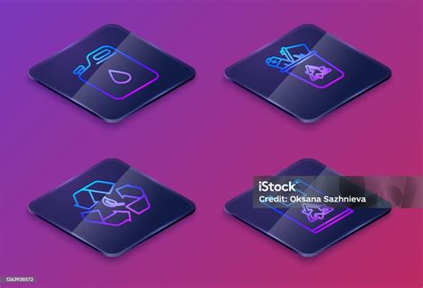 가솔린 재활용 기호 및 잎 재활용 기호와 비닐 봉지에 대한 등분 성 라인 캐니스터를 설정합니다 파란색 정사각형 버튼 벡터 3차원 형태에 대한 스톡 벡터 아트 및 기타 이미지