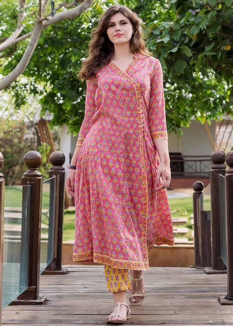 Pink Angrakha Style Block Printed Kurta Set Latest 189TB13