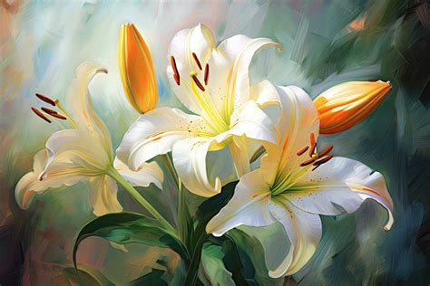 Oil Painting Of White Lily Flowers On Canvas Illustration Beautiful Botanic Lily Flower Oil