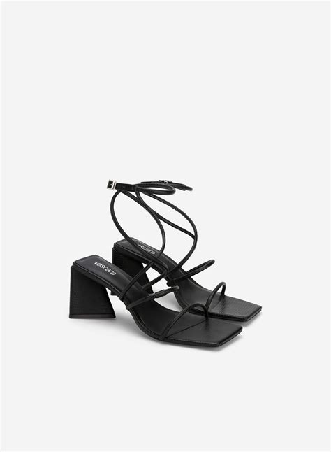 Lizard Effect Ankle Strap Block Heel Sandals Pum 0738 Black Vascara