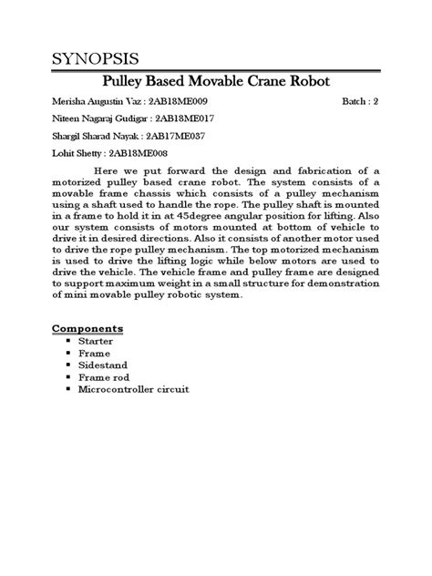 Synopsis Pulley Based Movable Crane Robot Pdf Business Technology And Engineering