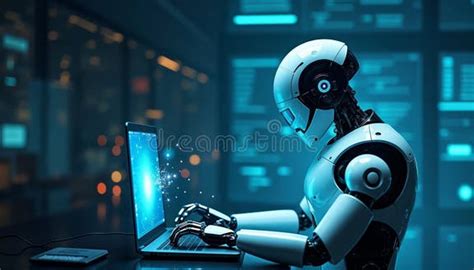 Ai Robot Working On Computer With Cybersecurity Technology In