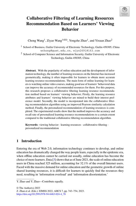 Pdf Collaborative Filtering Of Learning Resources Recommendation Based On Learners Viewing