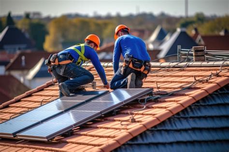 Premium Ai Image Workers Installing Solar Panels On The Roof
