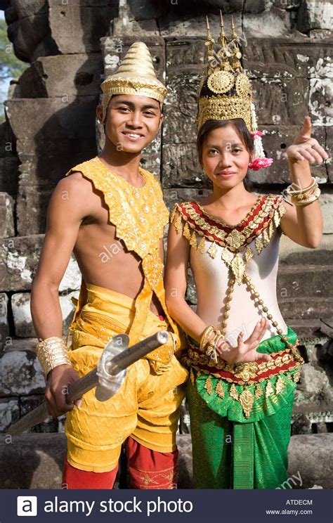 Young Cambodian Couple In Traditional Costume Bayon Temple Angkor Thom