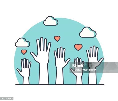 자원 봉사자 및 자선 활동 도움의 손길을 들었다 벡터 아이콘 배경 배너 삽화는 도움을 주고 기여할 수 있는 사람들의 군중과 함께 합니다 긍정적 인 기초 비즈니스 서비스