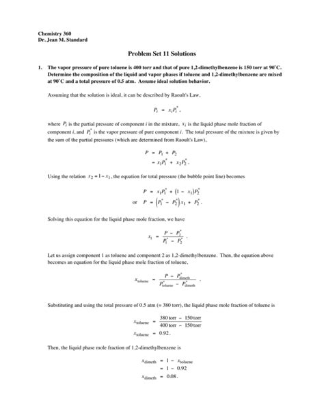 Chemistry Problem Set Solutions Vapor Pressure Ideal Solutions