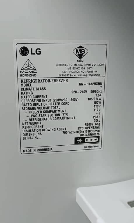 Peti Sejuk Peti Ais Fridge LG Inverter 410 Liter TV Home Appliances
