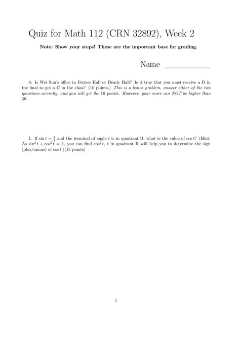 Math 112 Quiz Week 2 Wei Suns Office Location And Trigonometric