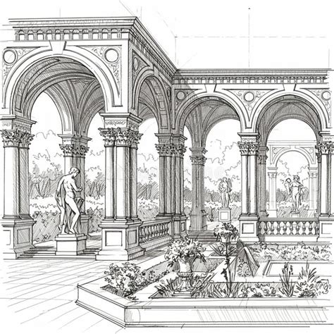 Classical Architectural Sketch Depicting A Colonnade With Ornate Arches And Stock Illustration
