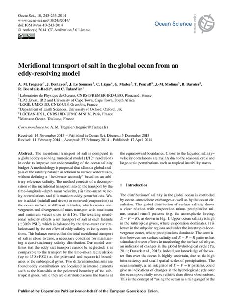 Pdf Meridional Transport Of Salt In The Global Ocean From An Eddy Resolving Model