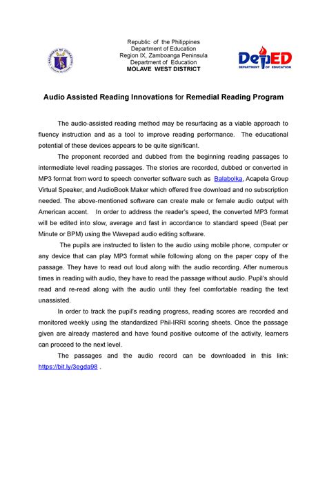 Audio Assisted Reading Innovations For Remedial Reading Program The Educational Potential Of