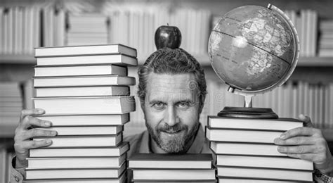 Nerd Man In Classroom Bookworm In School Library Education And