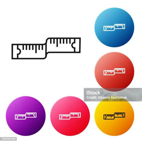 흰색 배경에 격리 된 검은 선 테이프 측정 아이콘입니다 측정 테이프 아이콘 다채로운 원 버튼을 설정합니다 벡터 일러스트레이션 0명에 대한 스톡 벡터 아트 및 기타 이미지