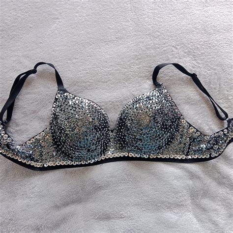 Black Silver Sequin Rave Bra 🪩 Full Cup Sequin Depop