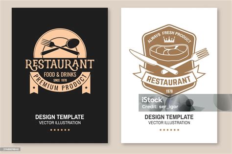 레스토랑 포스터 디자인입니다 벡터 일러스트 레이 션 로고타입 라벨 스테이크 포크 나이프가 있는 배지를 위한 빈티지 그래픽 디자인 요리 메뉴 레스토랑 또는 카페에 대한 요리